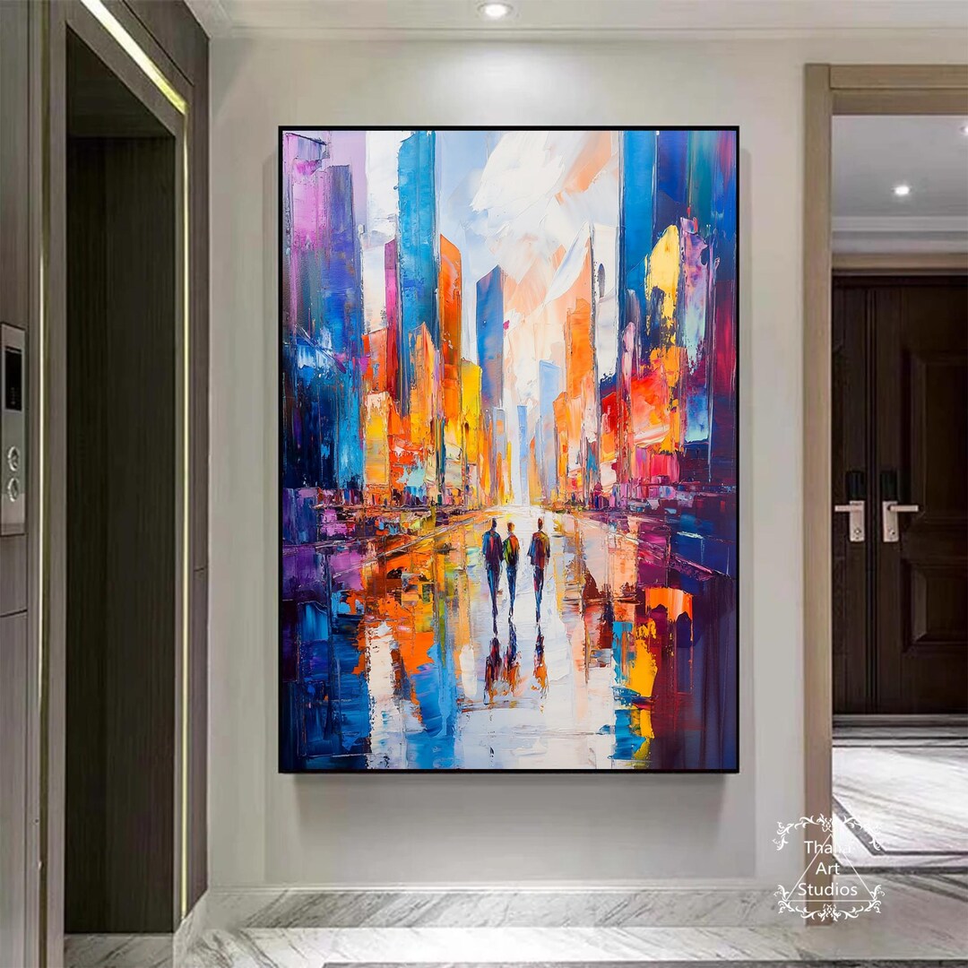 Abstract Cityscape Painting： Colorful City Acrylic Wall Art Colorful ...