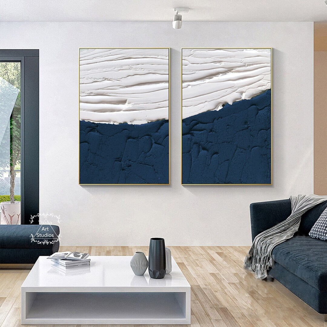 Large Blue and White Abstract Painting Modern 3D Textured Canvas Wall Art Blue White Textured ...