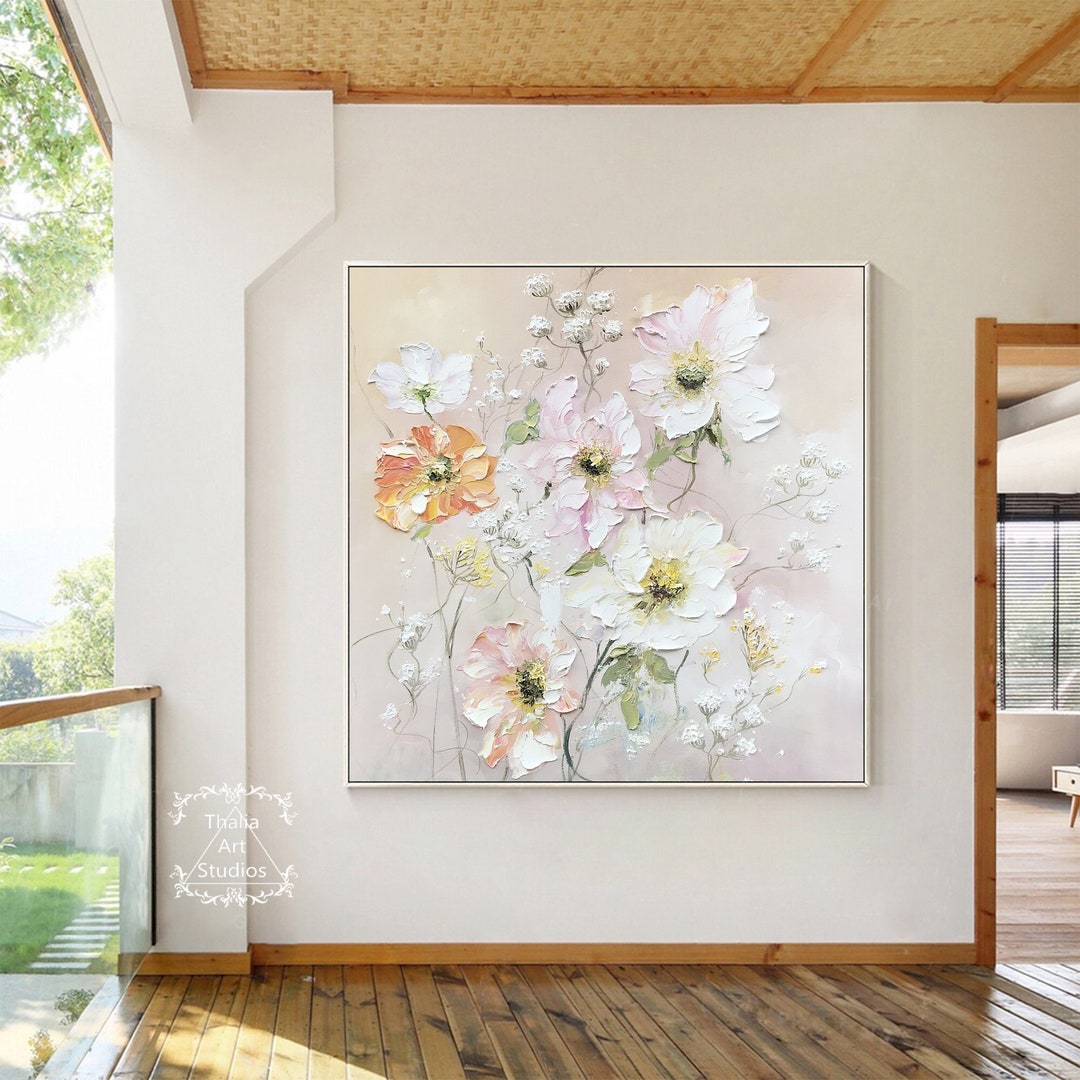 Large Flower Painting Pink Flower Texture Painting Pink Wall Art 3D ...