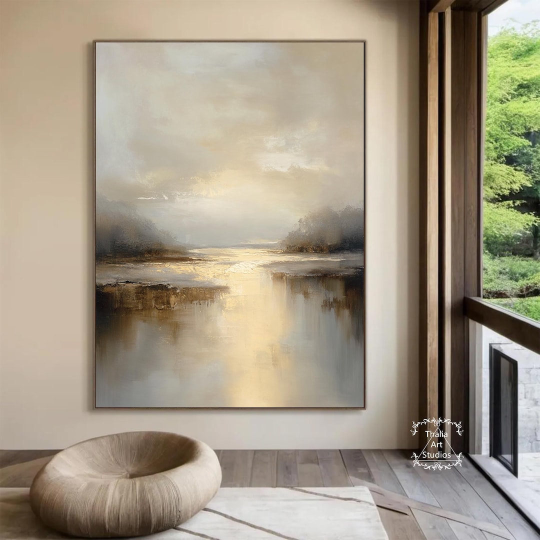 Calm Brown Landscape Abstract Blue Sky Painting Wabi Sabi Oil Painting ...