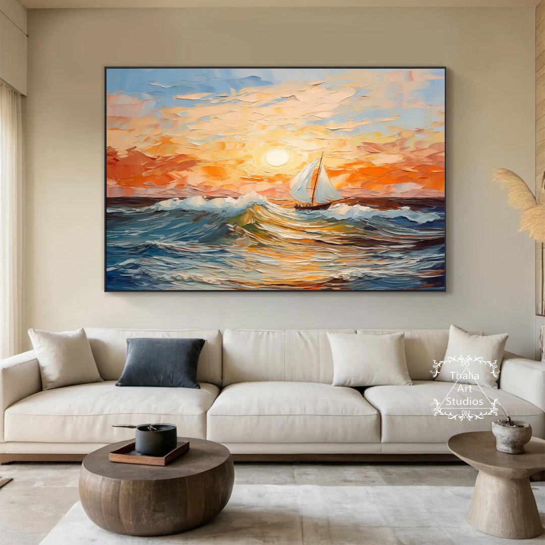Large Abstract Blue Ocean Oil Painting Original Sunset Seascape Wall ...