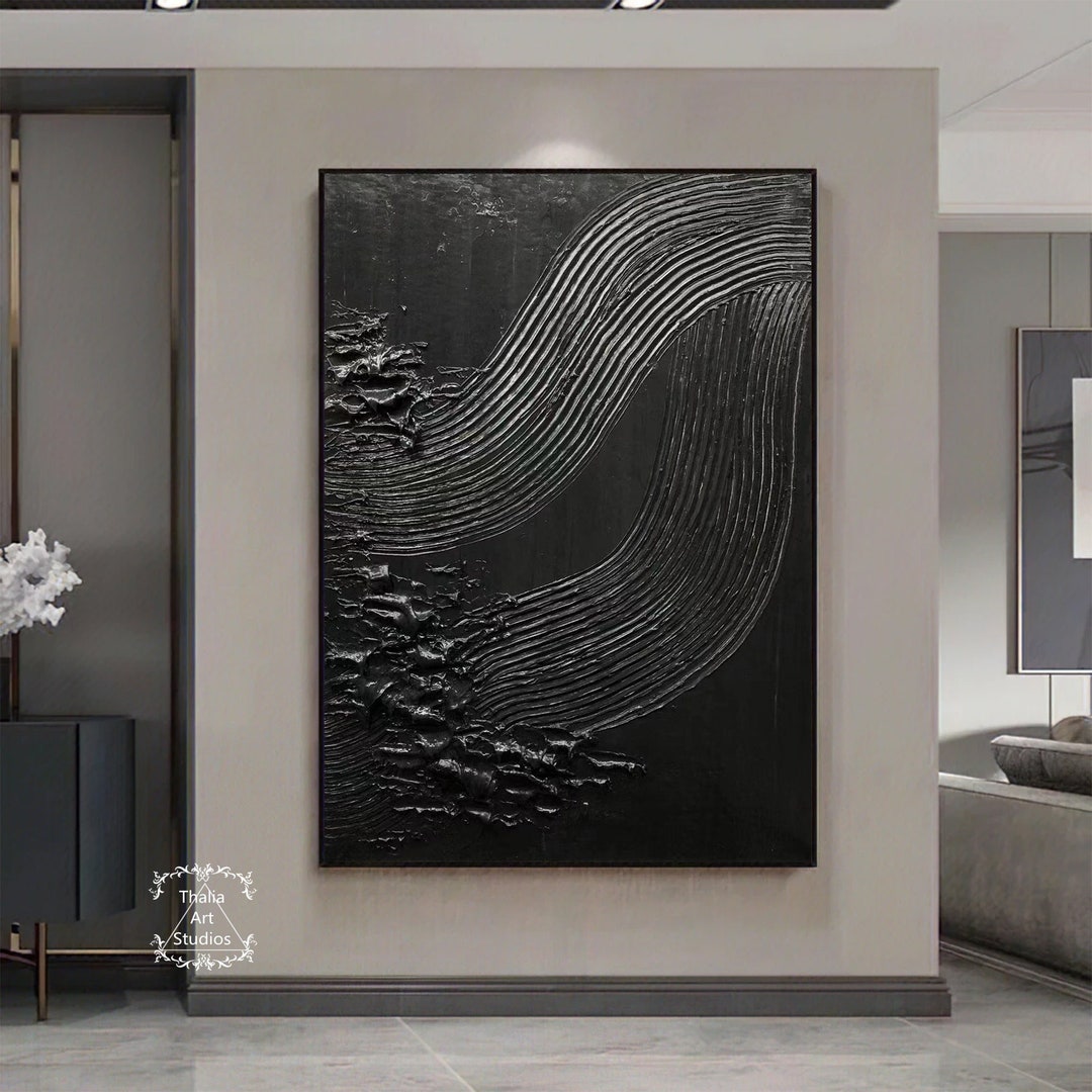 Black Texture Wall Art Black Abstract Texture Painting Large Black ...