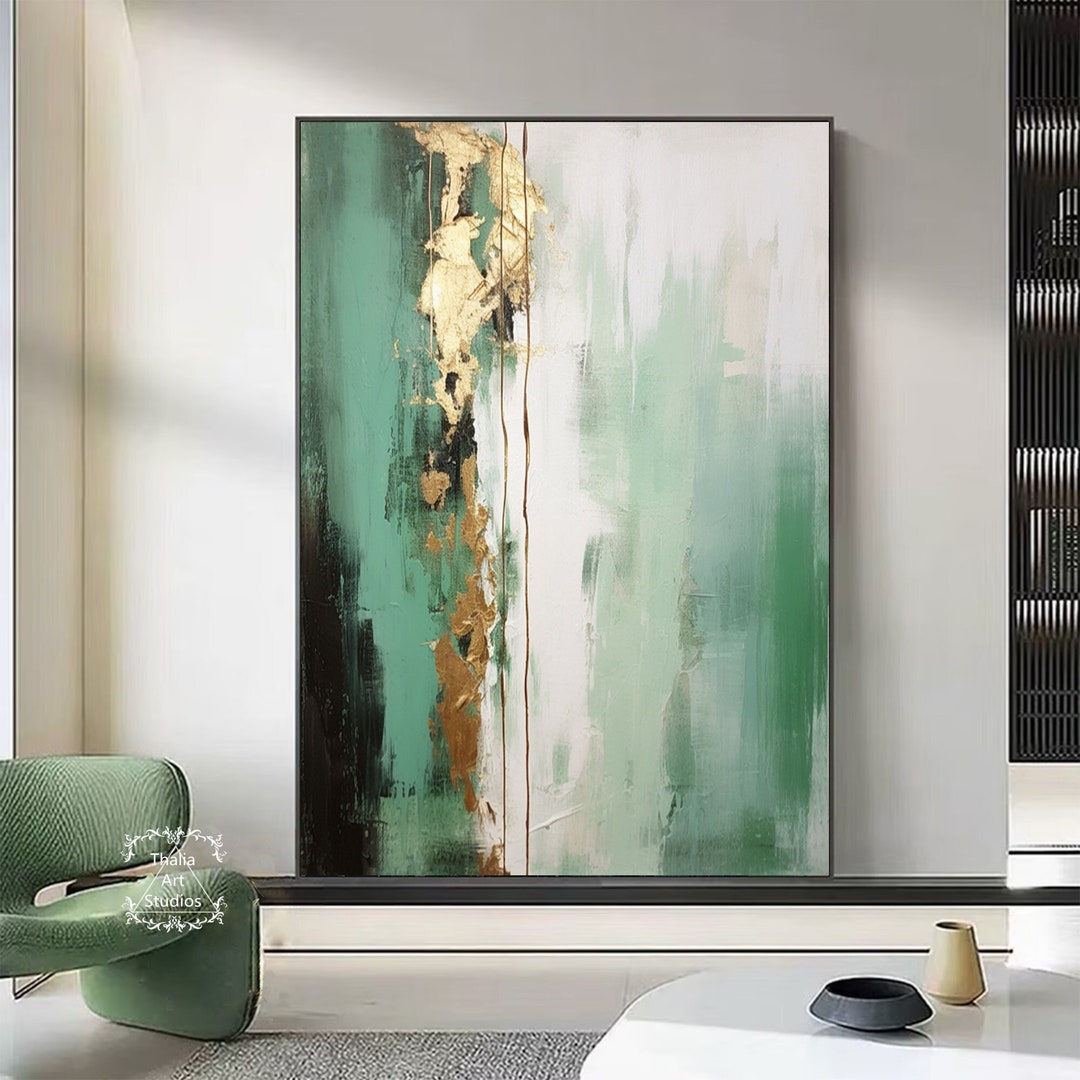 Green and White Abstract Painting Large Abstract Gold Textured Painting ...