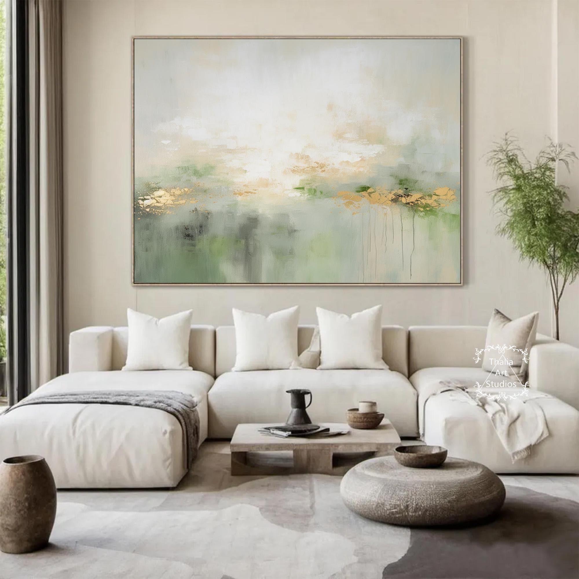 Light Green Abstract Painting Large Green and Gold Acrylic Abstract ...