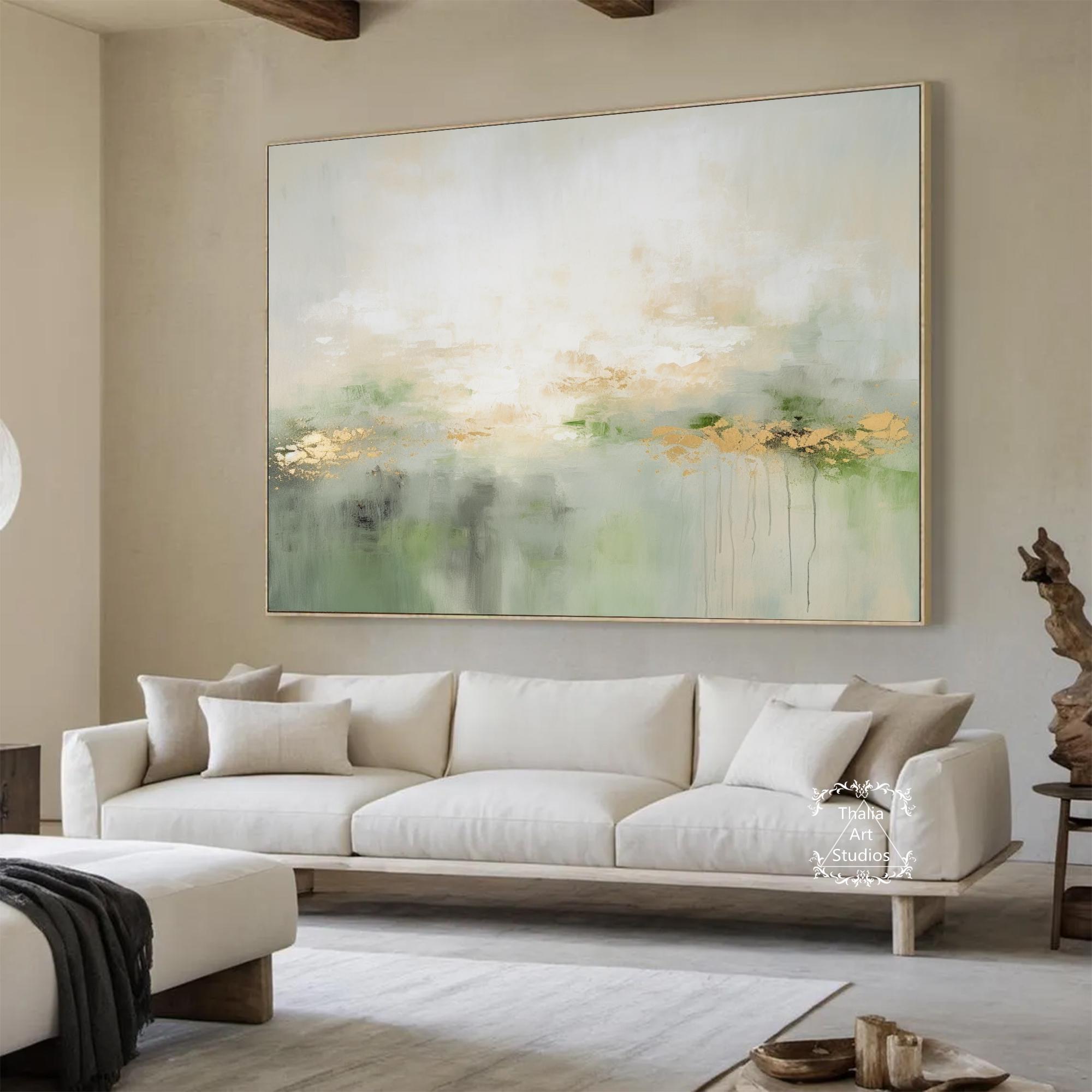 Light Green Abstract Painting Large Green and Gold Acrylic Abstract ...