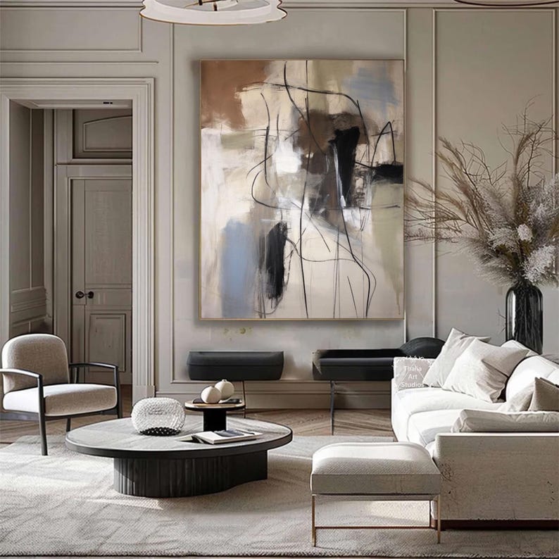Large Brown Abstract Canvas Painting, Minimalist Wall Art Brown Line ...