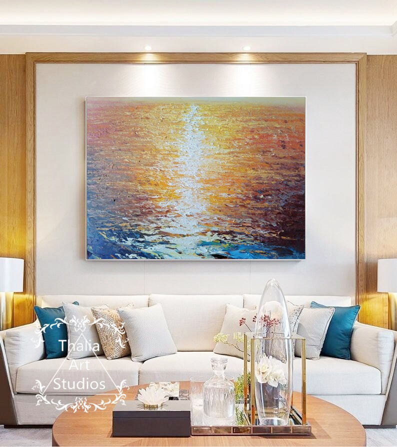 Grote oceaan abstract schilderij zonsopgang zeegezicht schilderij gele textuur abstract ...