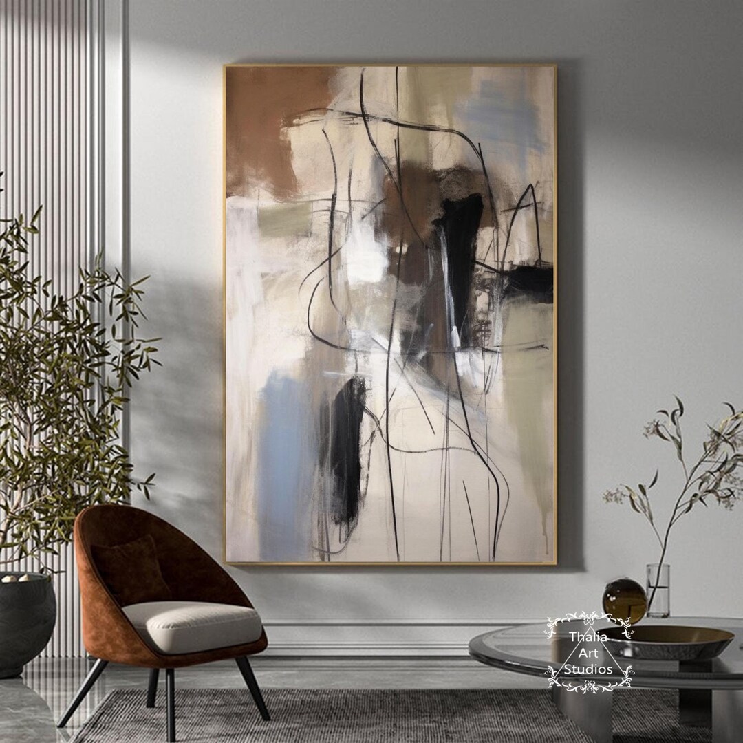 Large Brown Abstract Canvas Painting, Minimalist Wall Art Brown Line ...