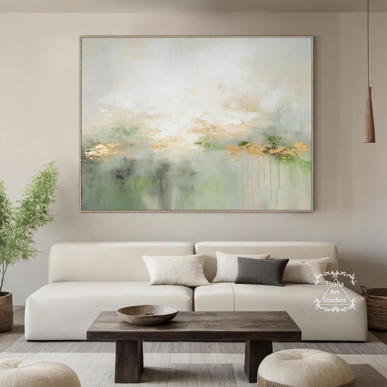 Light Green Abstract Painting Large Green and Gold Acrylic Abstract ...