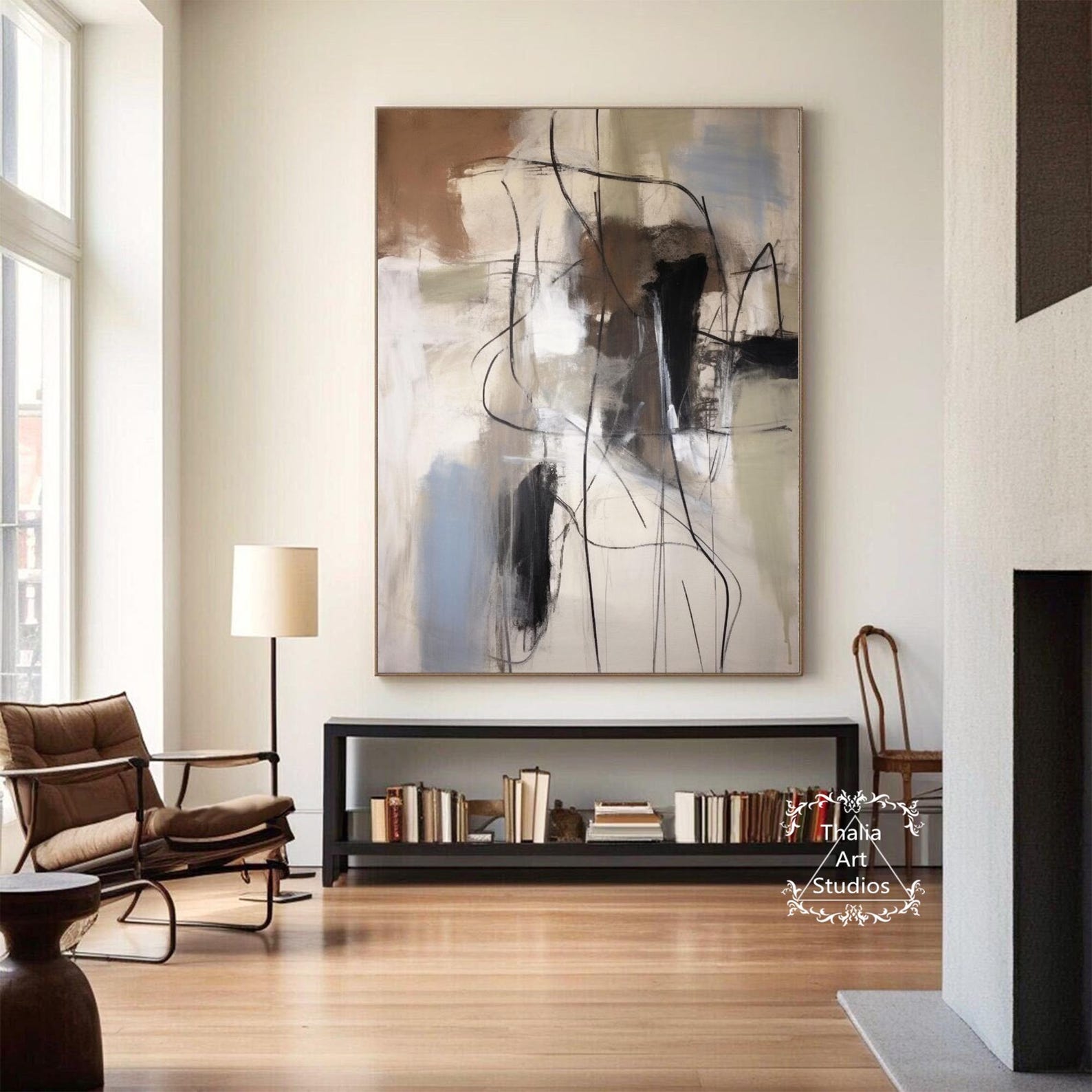 Large Brown Abstract Canvas Painting, Minimalist Wall Art Brown Line ...