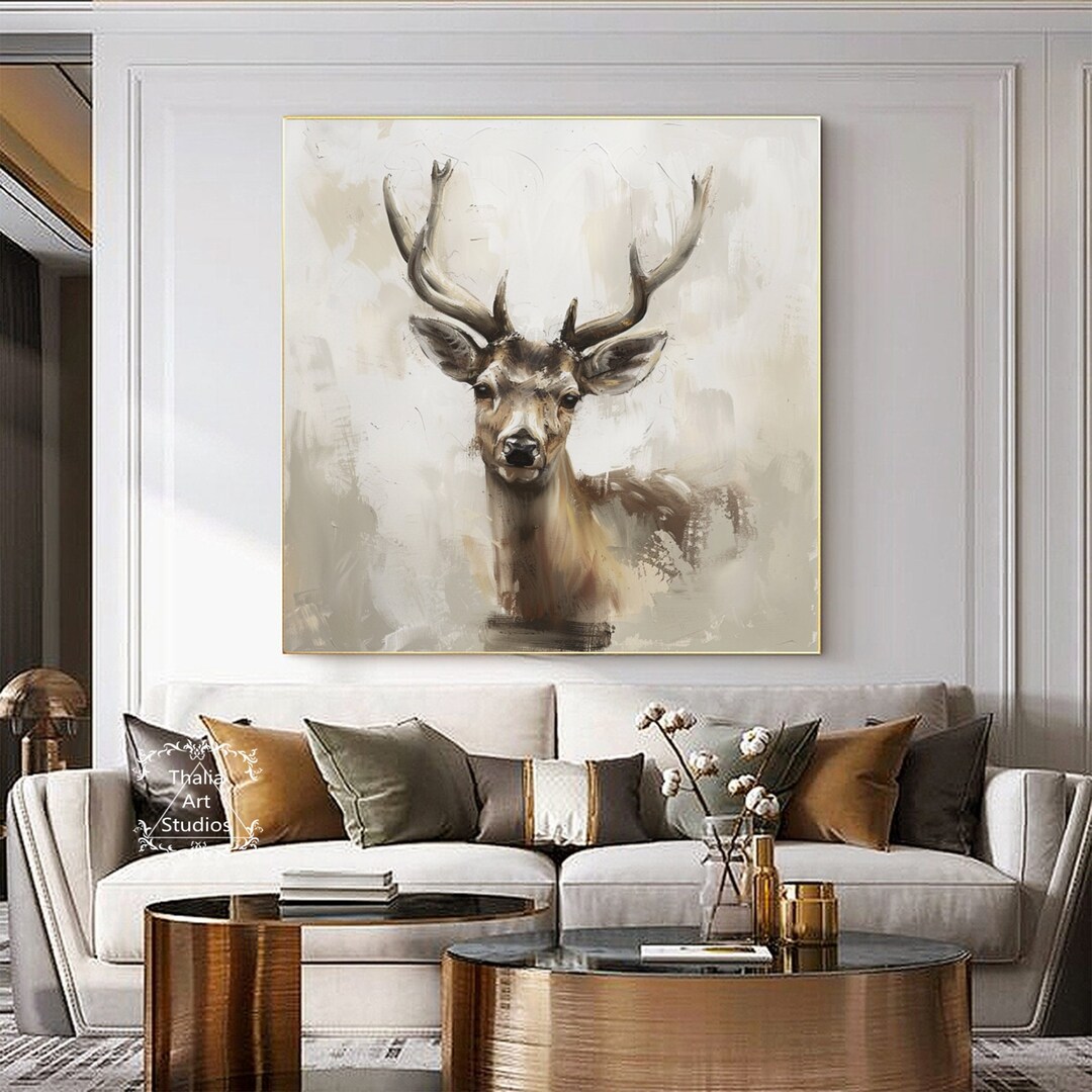 Abstract Deer Canvas Painting Large White Deer Wall Art Modern Animal ...