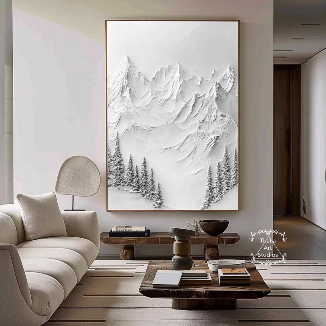 Abstract White Mountain Painting Framed Thick Textured Wall Art Large ...