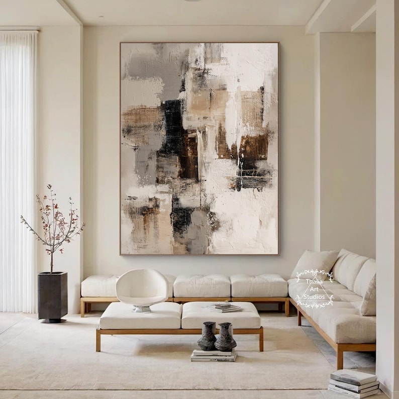 Brown Abstract Texture Painting Large Black Abstract Wall Art Beige ...