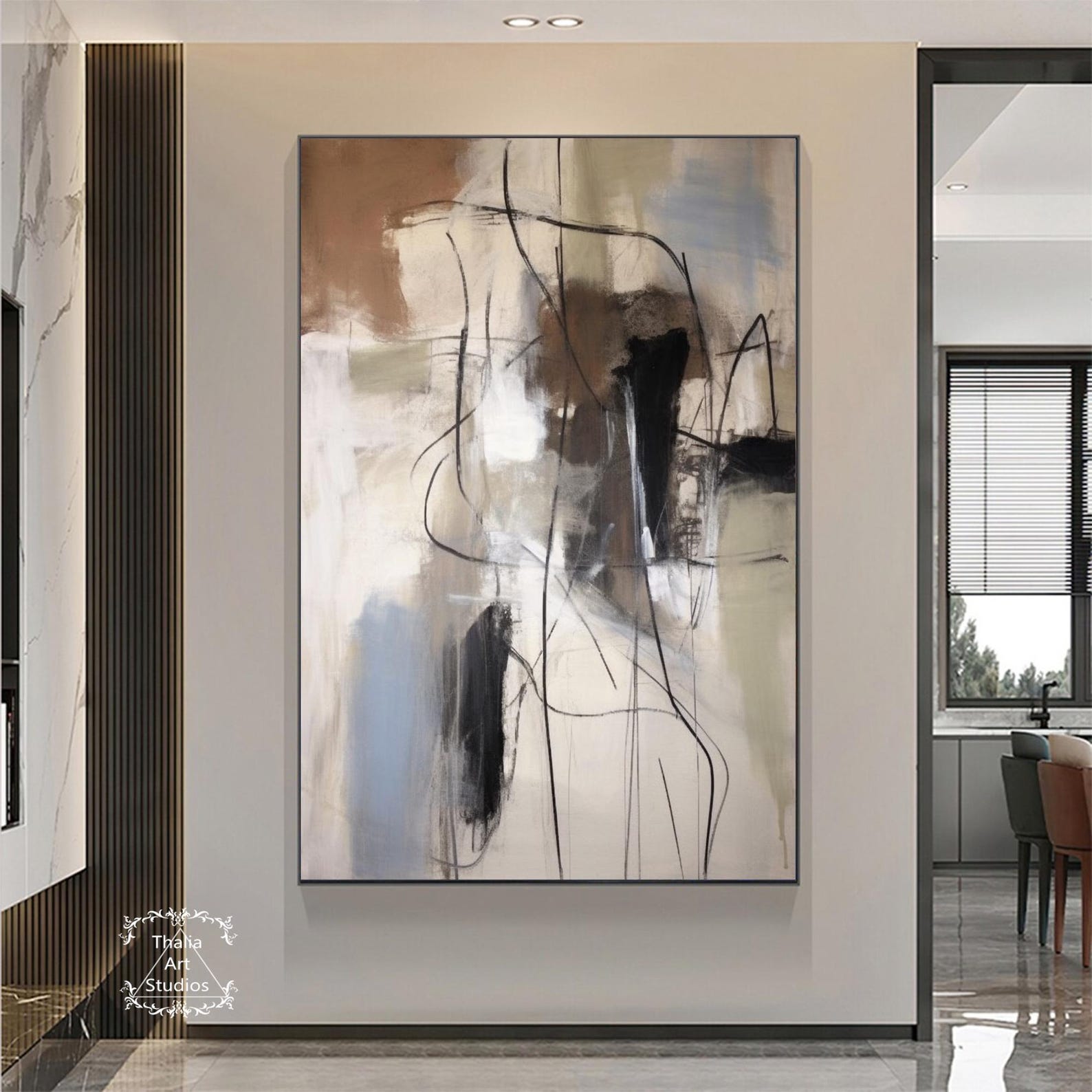 Large Brown Abstract Canvas Painting, Minimalist Wall Art Brown Line ...