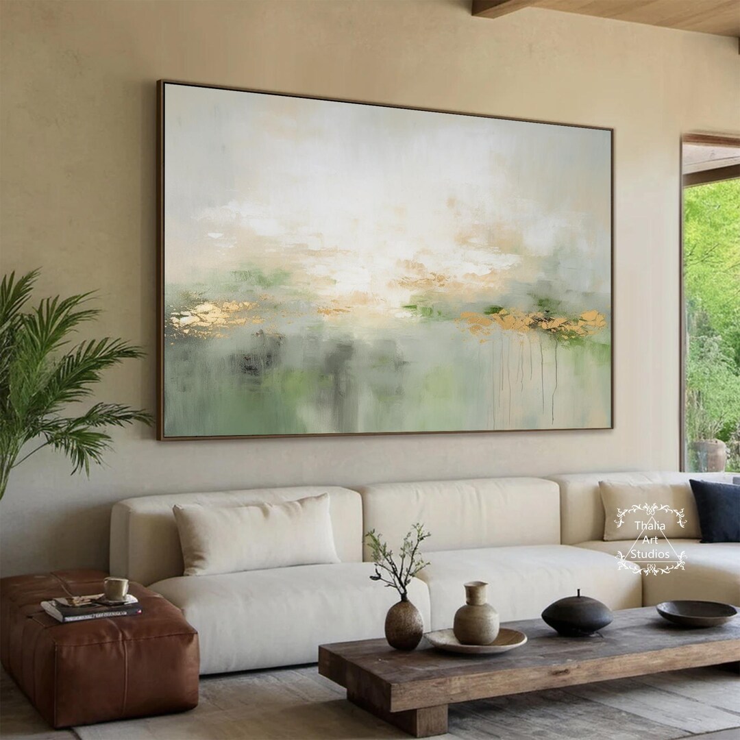 Light Green Abstract Painting Large Green and Gold Acrylic Abstract ...