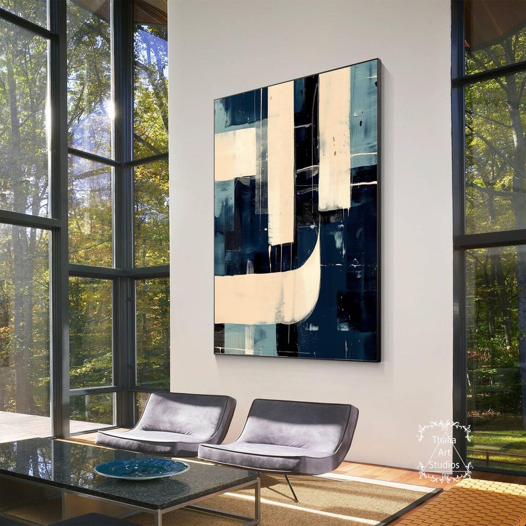 Navy Blue Geometric Painting on Canvas Original Beige Abstract Painting ...