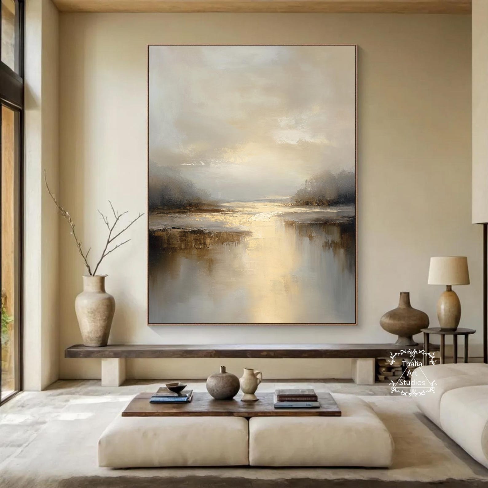 Calm Brown Landscape Abstract Blue Sky Painting Wabi Sabi Oil Painting ...