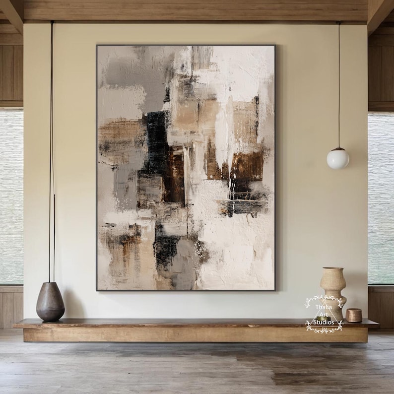 Brown Abstract Texture Painting Large Black Abstract Wall Art Beige ...