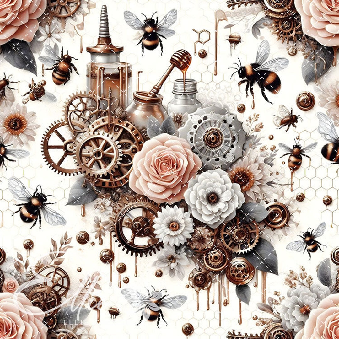 Steampunk Floral Bees V2 20 Digital Images (not Seamless) - Etsy