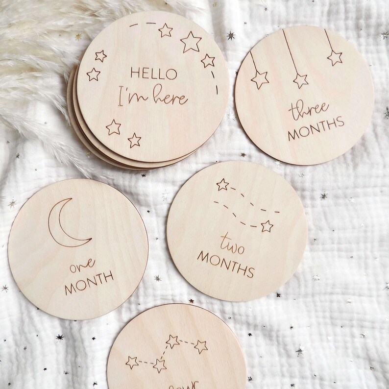 Engraved Wooden Baby Milestone Discs | Celestial Moon and Stars Design ...