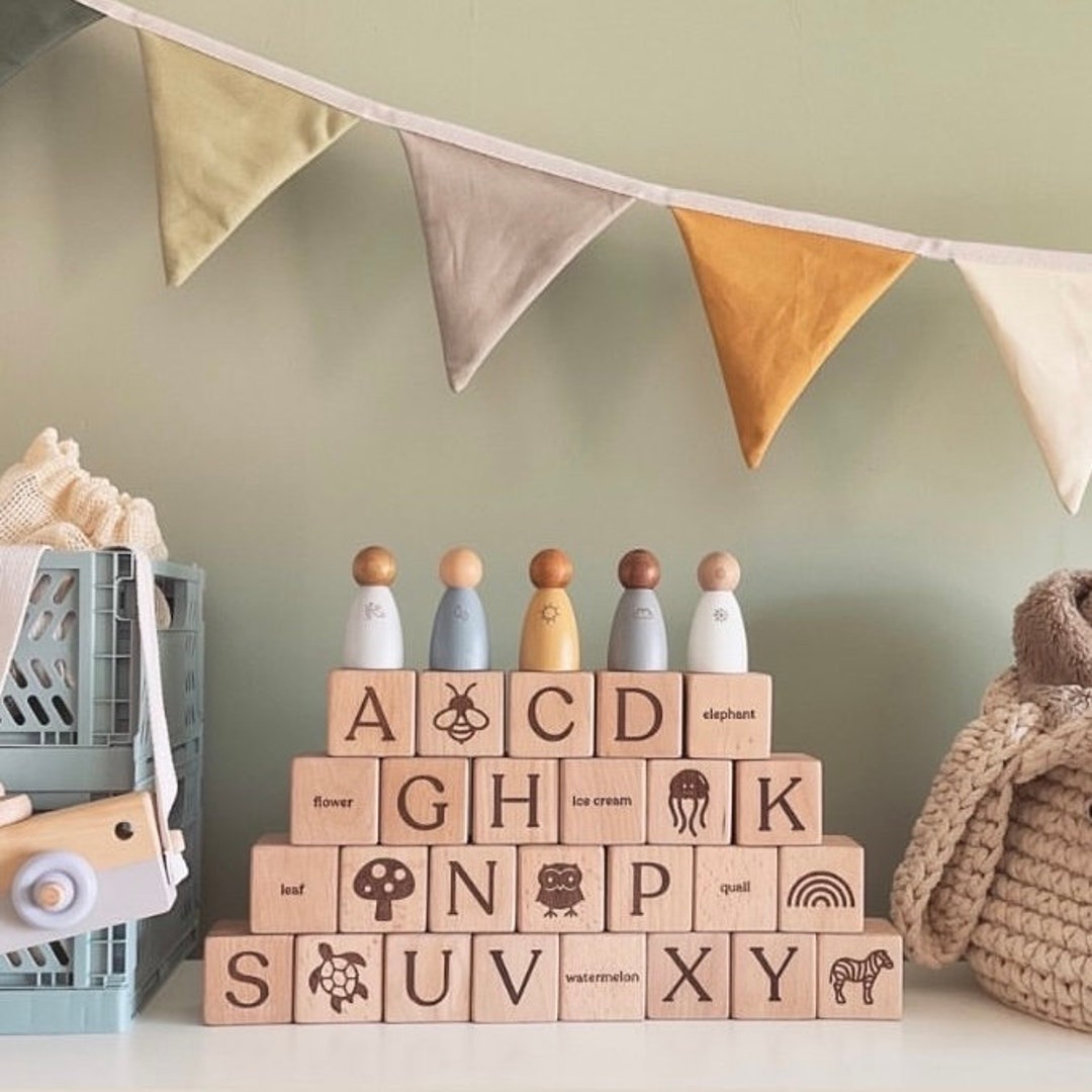 Deluxe Set of 26 Wooden Alphabet Blocks | Engraved Wooden Blocks ...