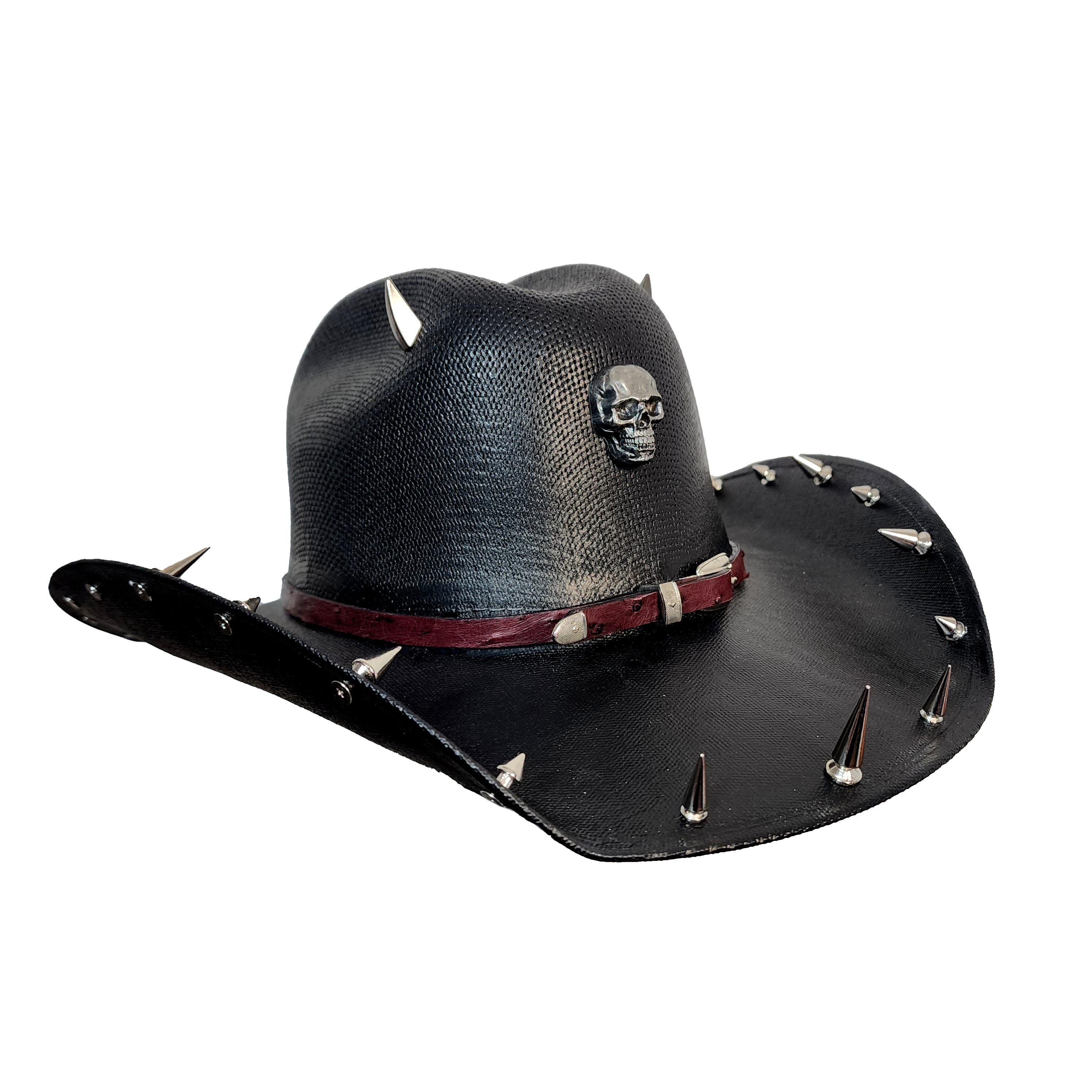 Gothic Punk Cowboy Hat: Black Studded Hat With Skull and Ostrich ...