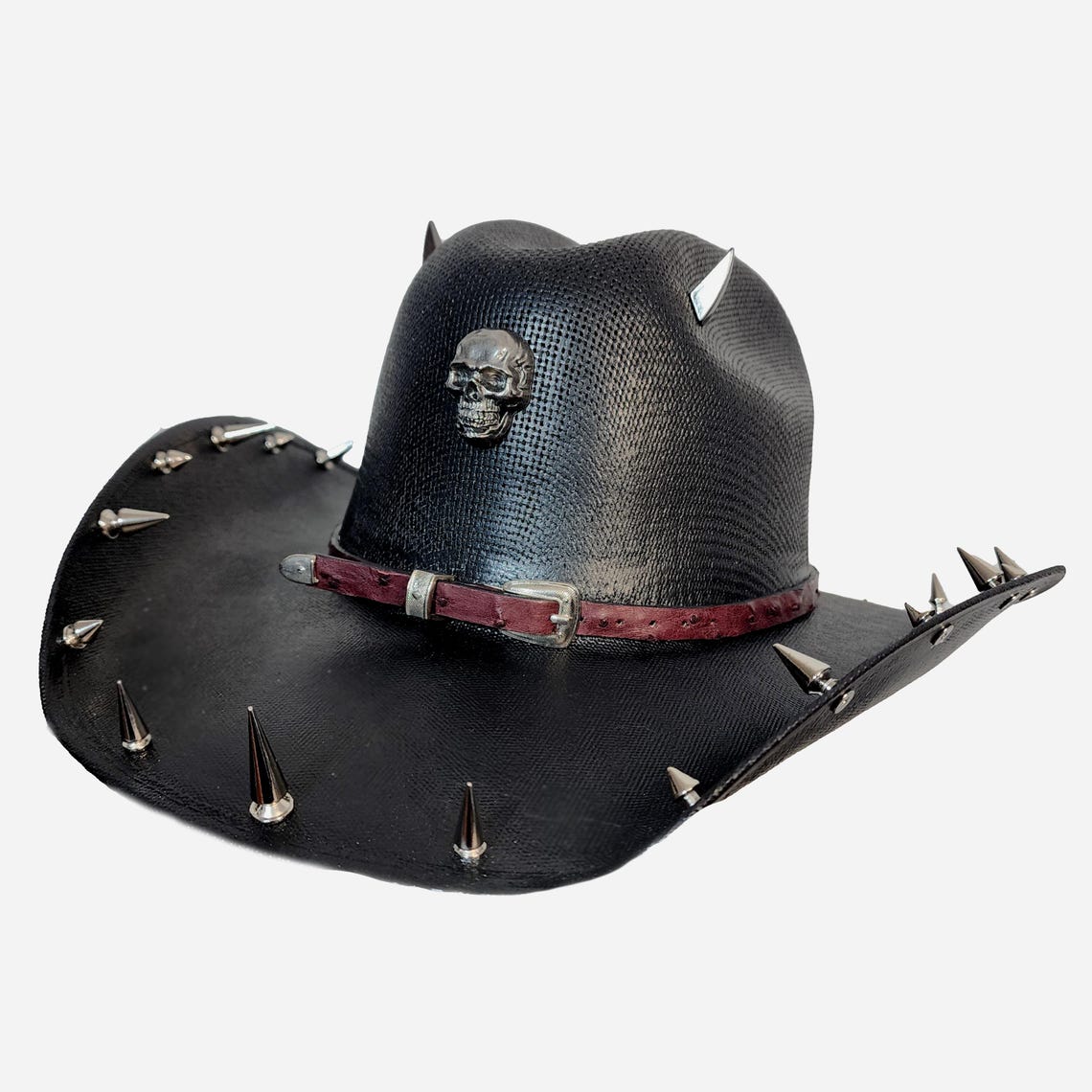 Gothic Punk Cowboy Hat: Black Studded Hat With Skull and Ostrich ...