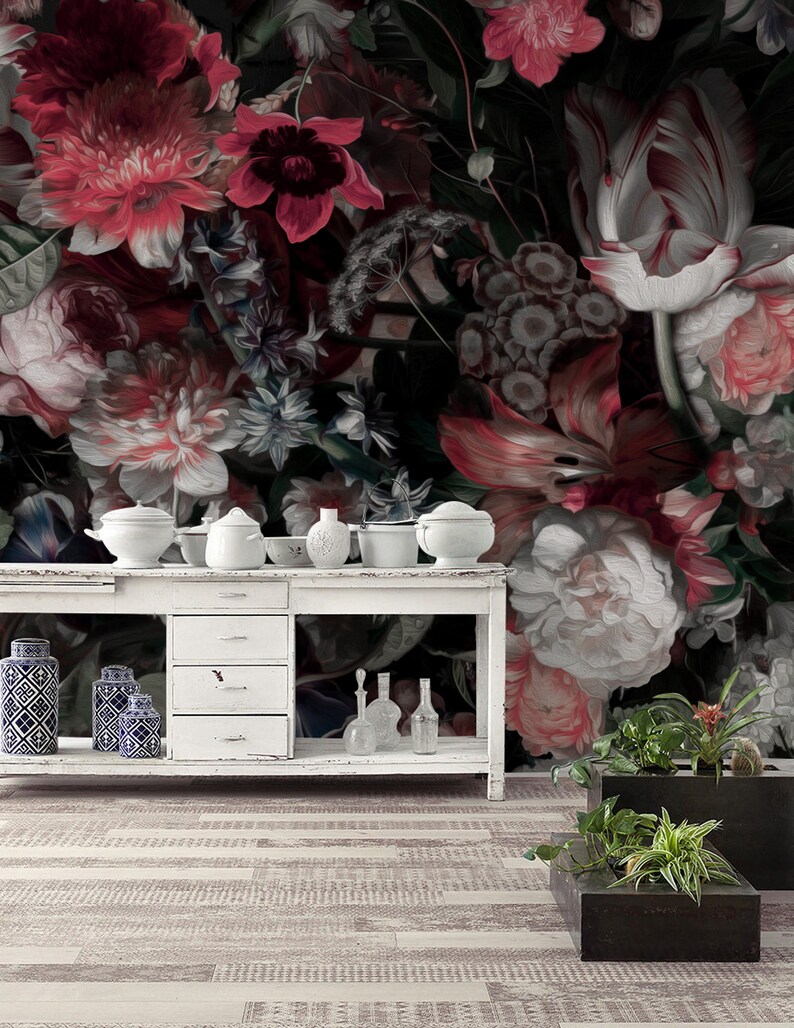 Red Flower Bouquet Floral Wallpaper, Peel and Stick / Non-pasted ...
