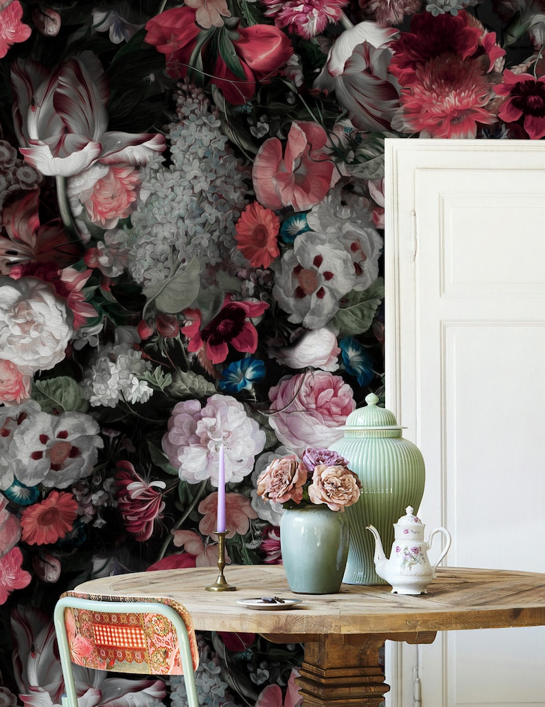 Red Flower Bouquet Floral Wallpaper, Peel and Stick / Non-pasted ...