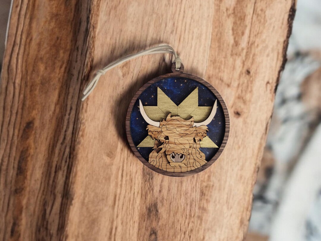 Highland Cow Ornament – Handcrafted From Walnut, Oak, Maple With Gold ...