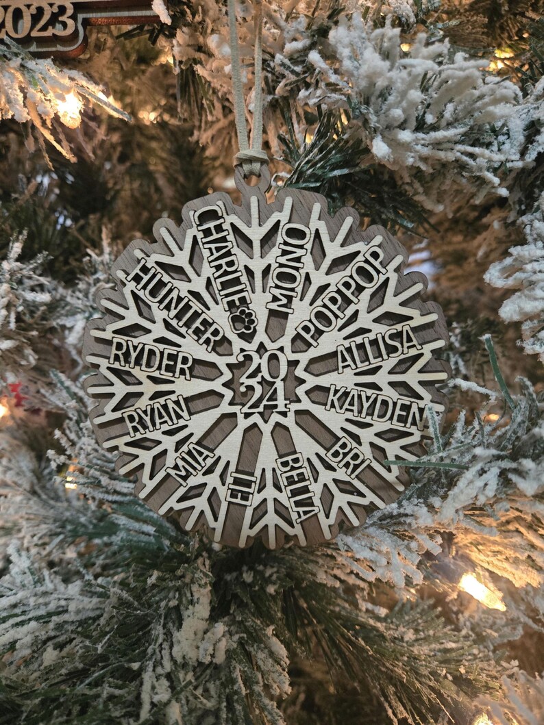Snowflake Ornament , Wooden Snowflake, Personalized Family Names, 16 ...