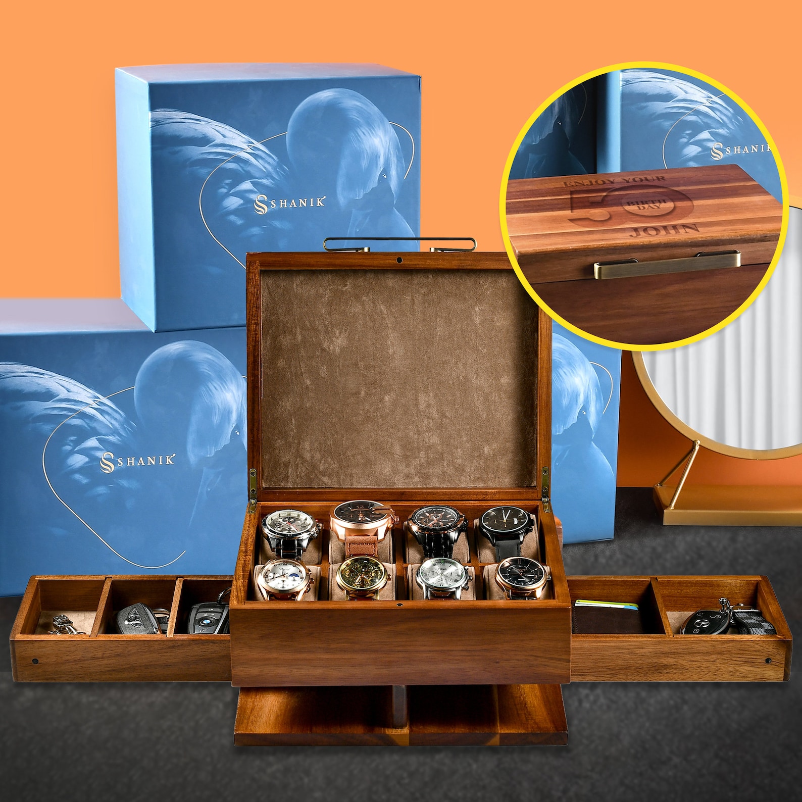 Custom Wooden Watch Box Engraved Organizer With 8 Slots Soft - Etsy