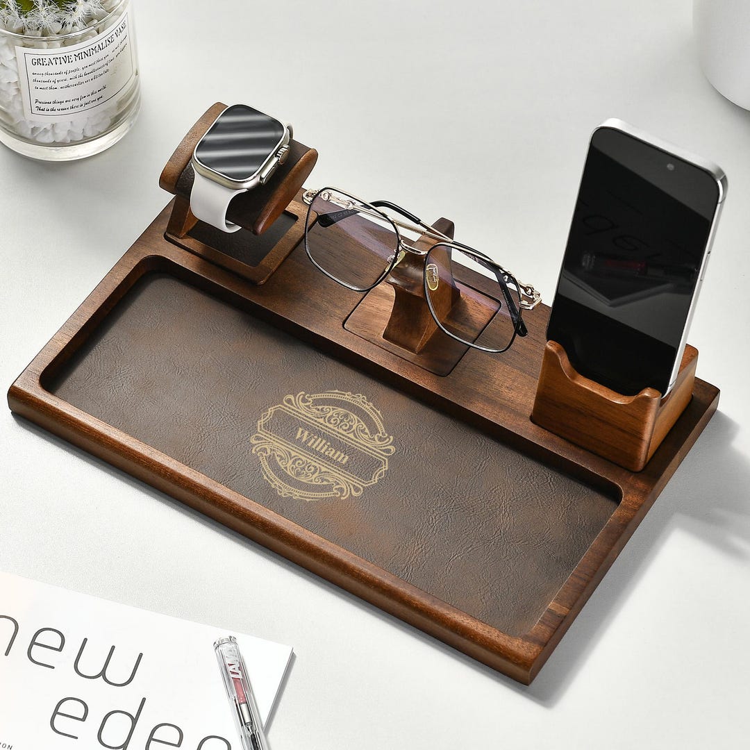 Male Boss Gift Catchall Valet Tray With Wooden Stands, Custom Engraved ...