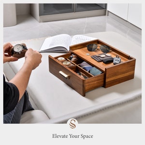 Wooden Valet Tray for Men Single Drawer Box With Removable Phone and ...