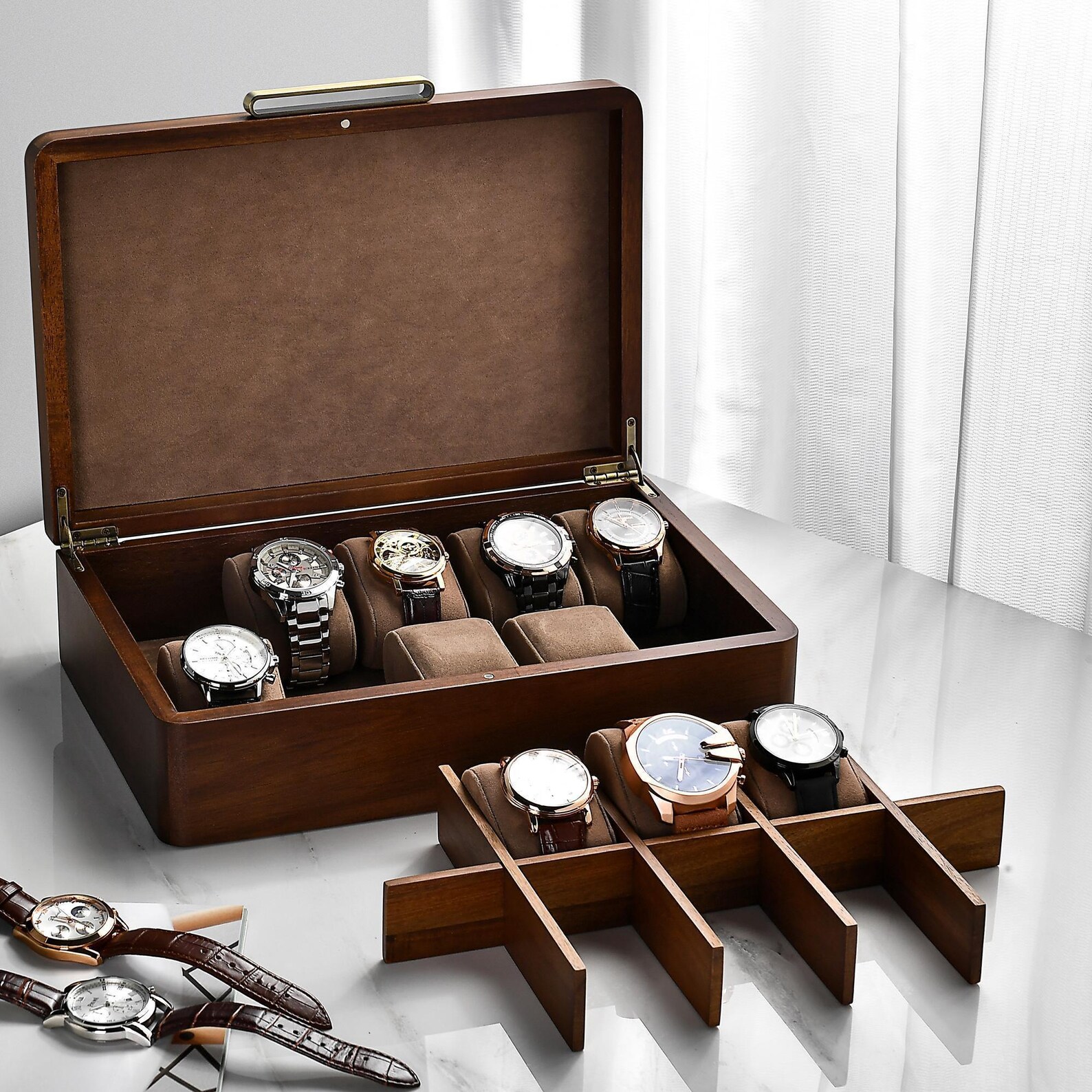Solid Wood Watch Box for Men With 10 Compartments and Cushions Included ...