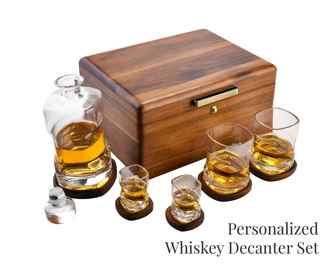 Whiskey Bottle Box Gift Set, Whiskey Decanter Set, Engraved Wooden ...
