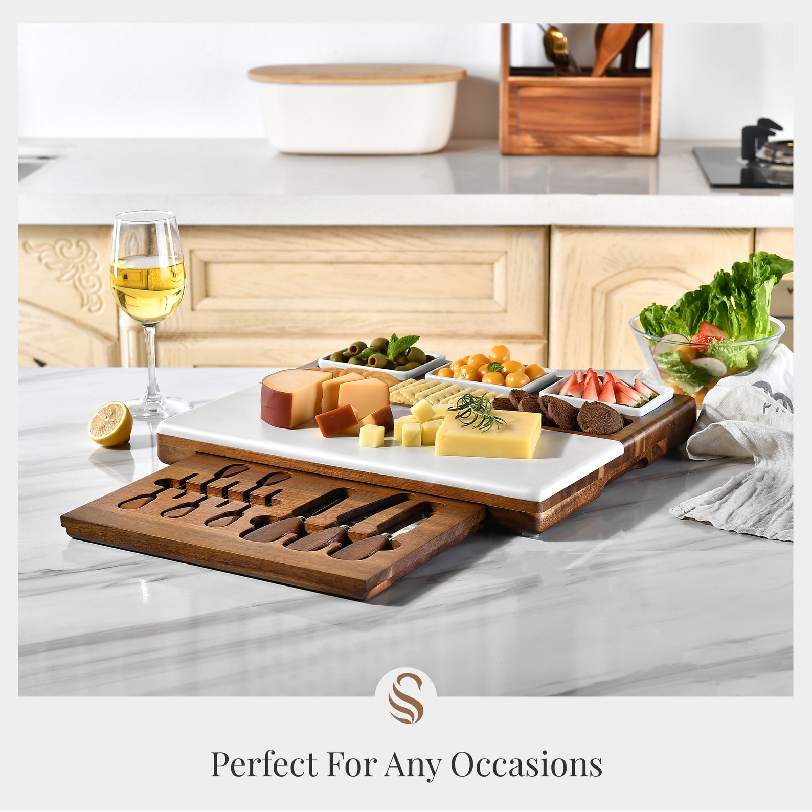Shanik Wood Marble Cheese Board Set With 3 Ceramic Bowls Stainless ...