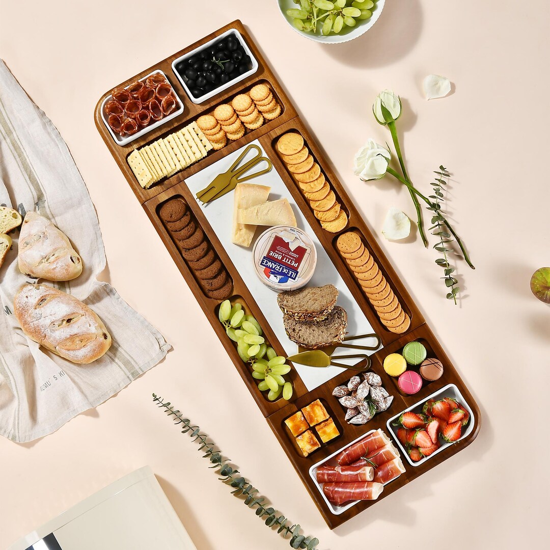 Personalized Long Cheese Board - XL Acacia Wood and Marble Charcuterie ...