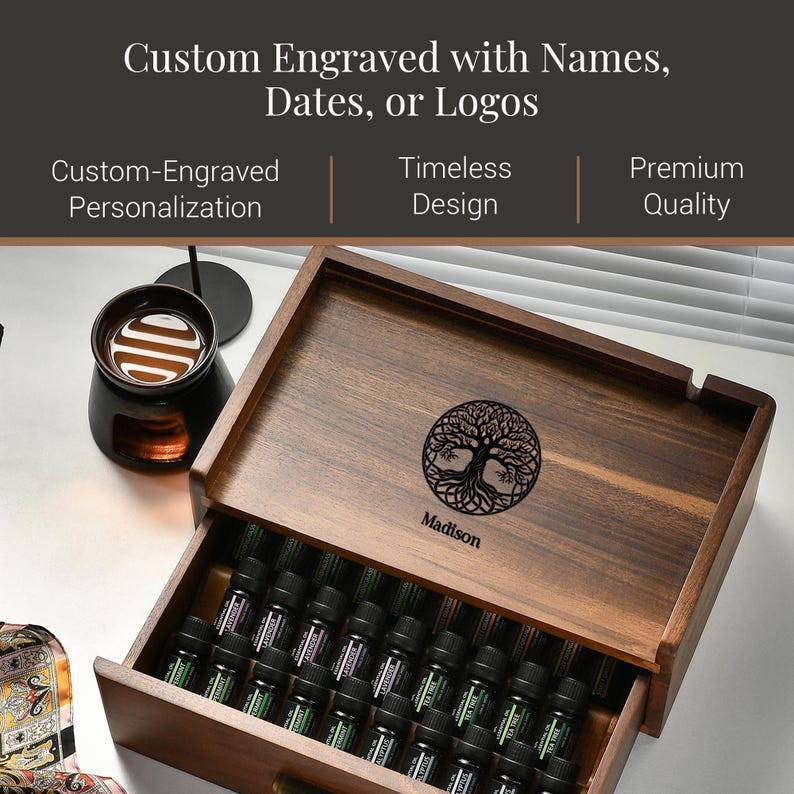 Essential Oil Storage Box Acacia Wood Organizer With Drawer Custom ...