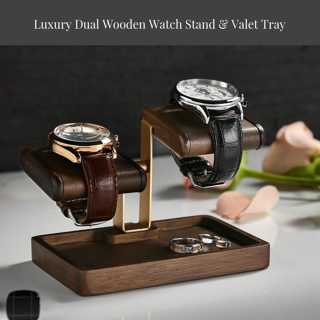 Compact Dual Watch Stand Small Wooden 2 Watch Display Petite Valet Tray ...