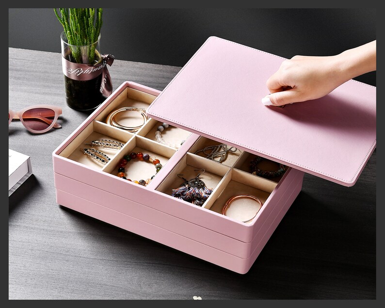 Personalized 3 Piece Jewelry Tray Set Stackable Pink Leather - Etsy