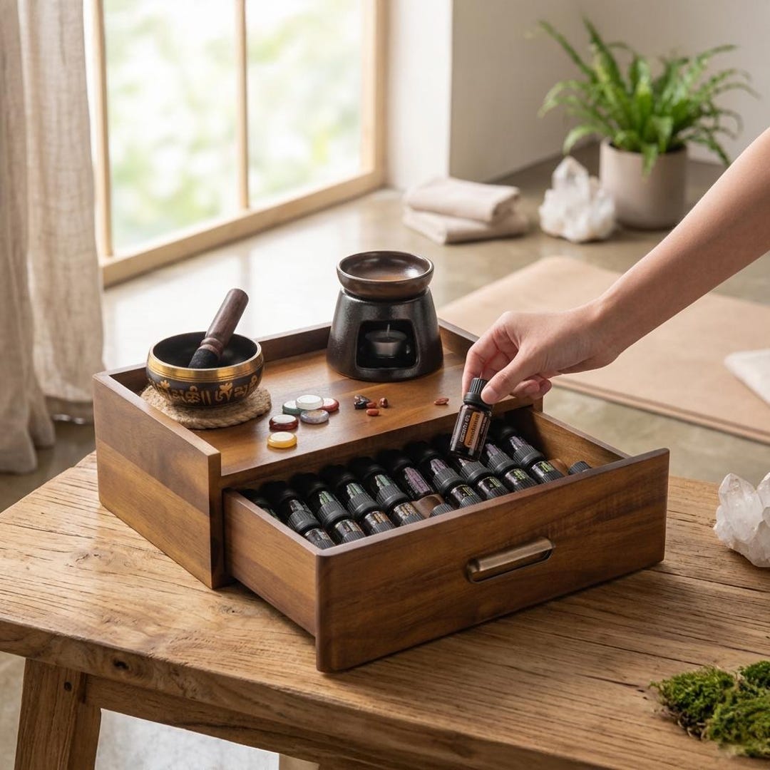 Engraved Spa Organizer Box Acacia Oil Storage With Drawer for ...