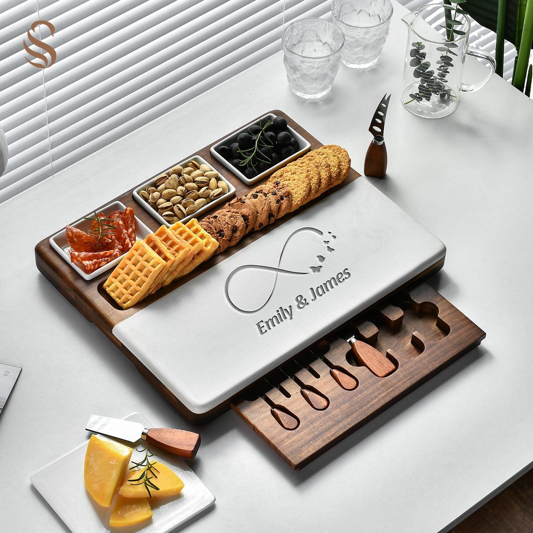 Personalized Marble Cheese Board Set With Bowls & Cheese Knives ...