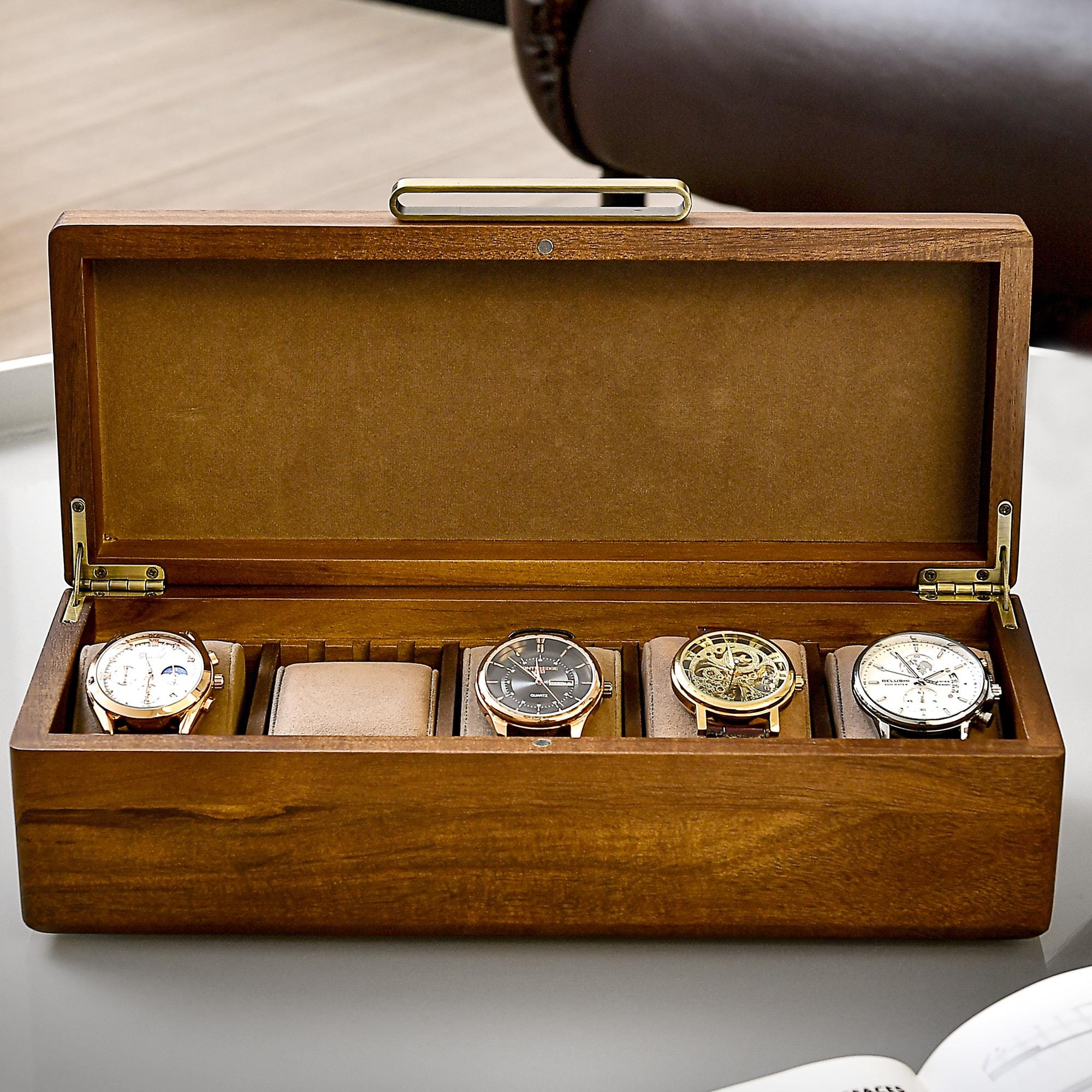 Natural Wood Watch Display Case Custom Engraved Organizer Men Dresser ...