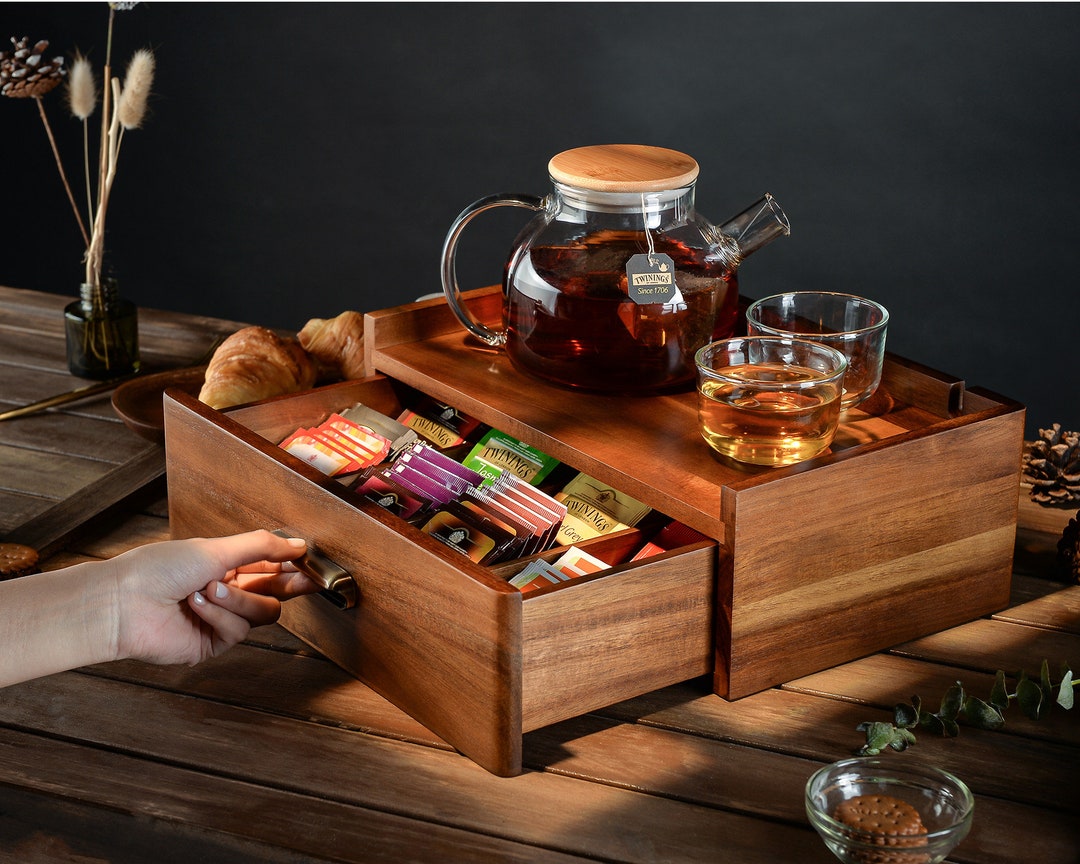 Custom Engraved Tea Organizer Personalized Tea Box With Drawer for Tea ...