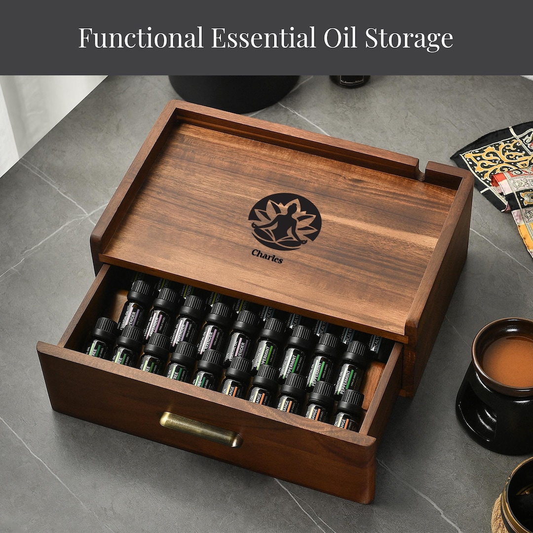 Essential Oil Storage Box Acacia Wood Organizer With Drawer Custom ...