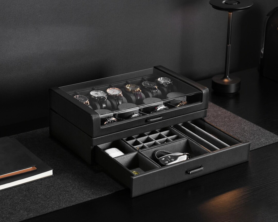 Personalized Men's Watch Box With Drawer - Watch Display Case for 10 ...