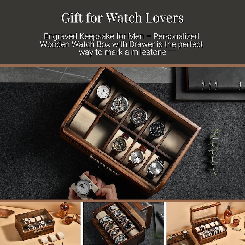 Wooden Watch Box With Drawer Glass Lid Organizer Acacia Valet Tray for ...