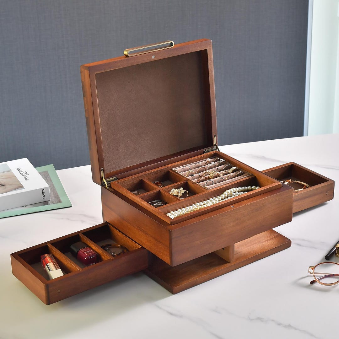 Cottagecore Ring Jewelry Box Engraved Wooden Organizer With Drawers ...