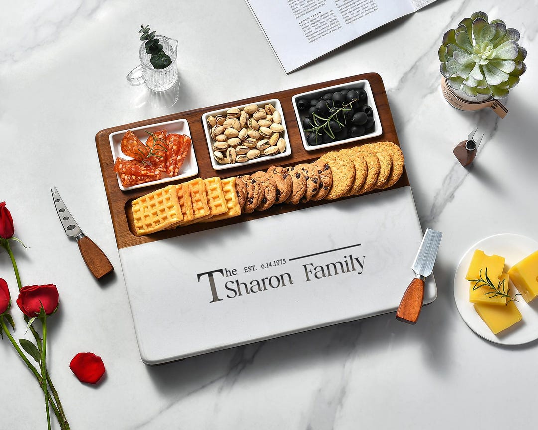 Shanik Wood - Marble Cheese Board Set With 3 Ceramic Bowls - Stainless ...